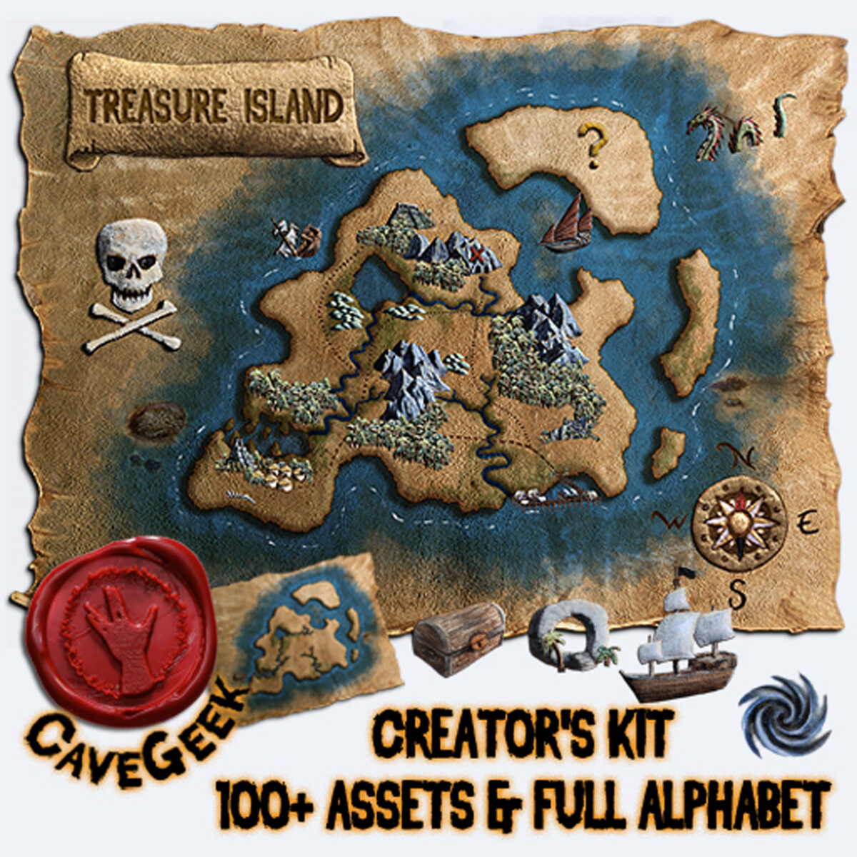 Treasure Island Map Digital Asset Pack - Cave Geek Art