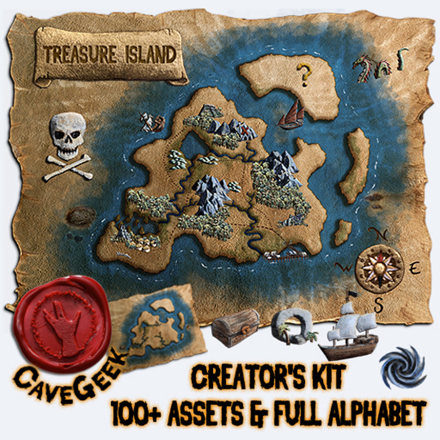 Treasure Island Map Digital Asset Pack - Cave Geek Art